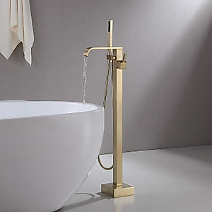 JiaYouJia Freestanding Bathtub Faucet Brushed Gold Tub Filler with Handheld Shower Single Handle Floor Mount Bathroom Faucet