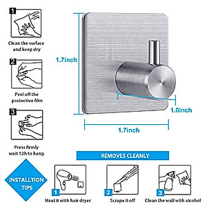 TBMax Adhesive Hooks Towel Hook - 4 Pack Heavy Duty Wall Hooks, Stainless Steel Hooks for Hanging Bathroom Robe/Coat/Kitchen Utensil/Bag