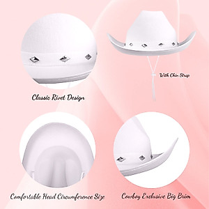 JUSTOTRY White Cowgirl Hat for Women Felt Wide Brime Cowboy Hats for Girl Dress up Disco Party