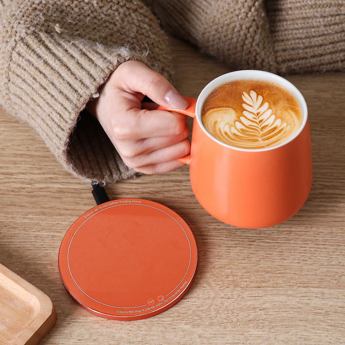 APEKX 2024 Upgraded Self-Heating Ceramic Mug - Stable 130°F Temperature, 15W Wireless Phone Charging, 12.8 fl oz Capacity - USB-C Enabled. (Tangerine)