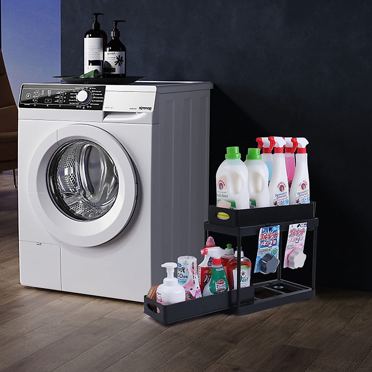 Under Sink Organizer, Double Pull-out Cabinet Organizer, 2-Tier Sliding Under Storage Drawer Shelf Basket with Hooks Hanging Cup for Kitchen Bathroom