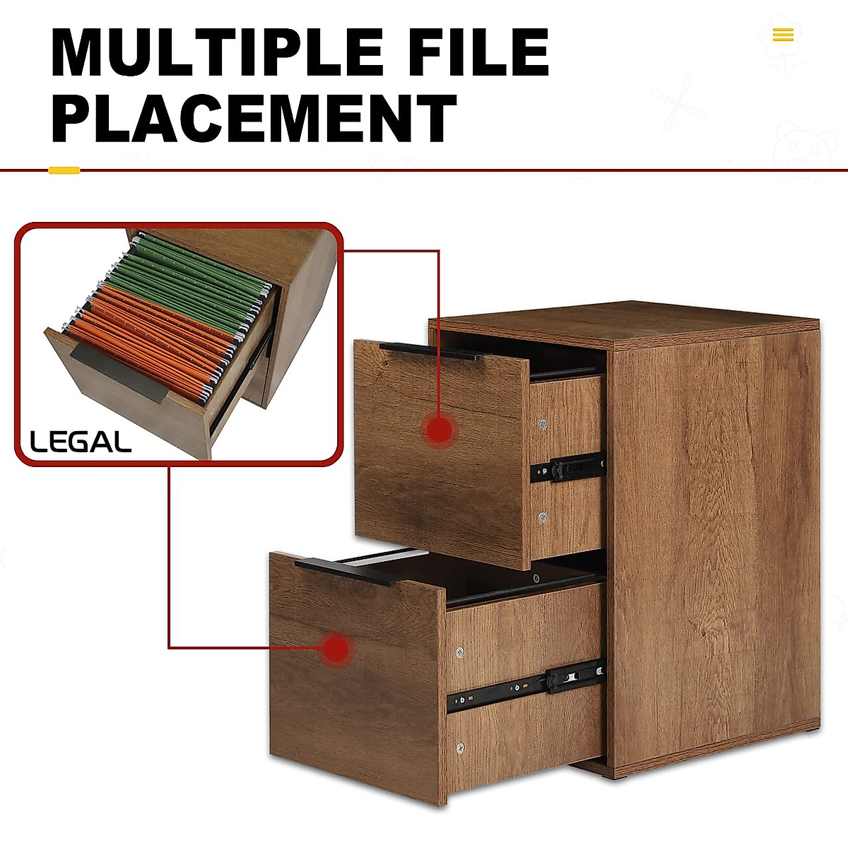 GREATMEET Wood File Cabinet with 2 Drawers, 2 Drawer Wooden File Cabinet with Hanging Bars for Letter, Wood Storage Filing Cabinet for Home Office, Brown