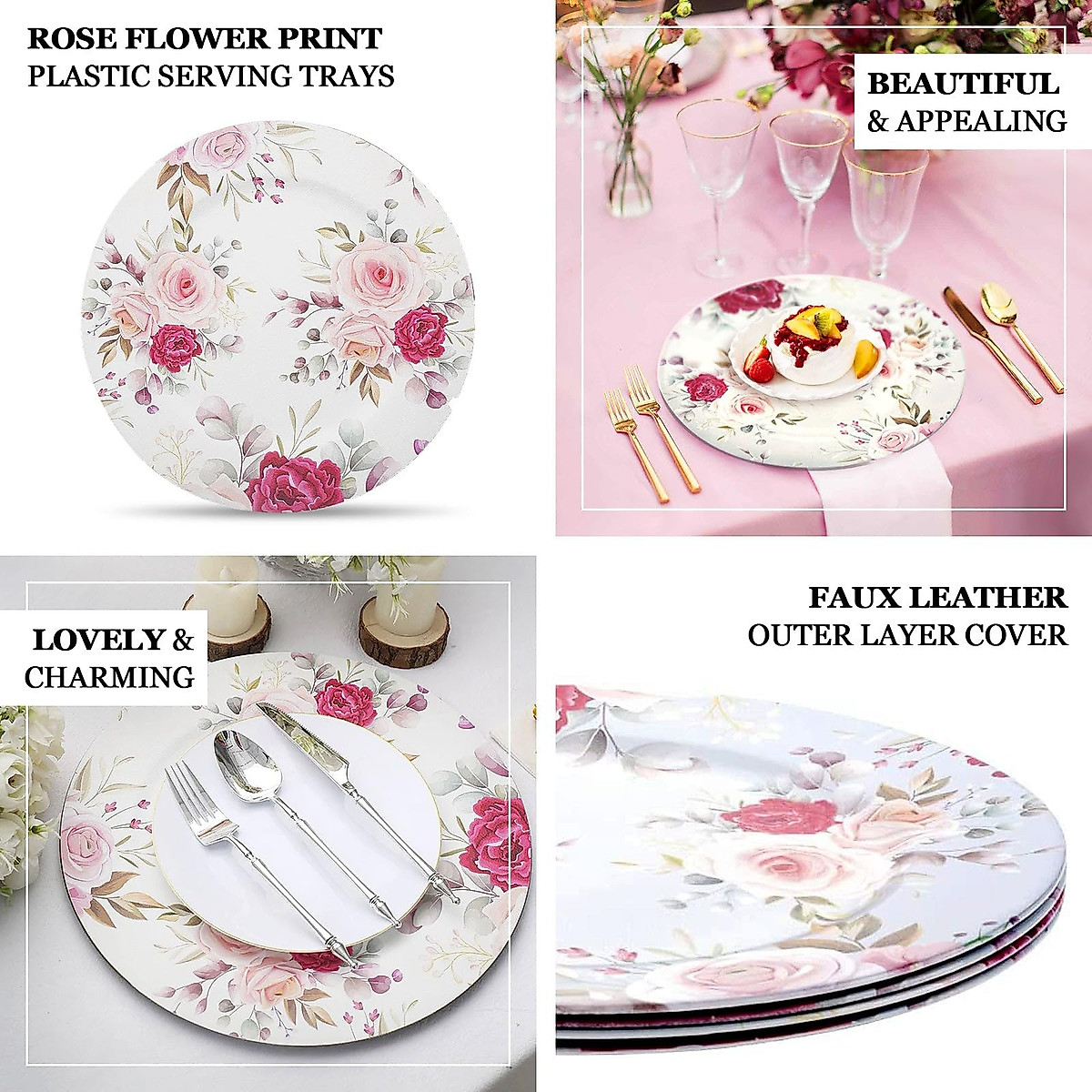 Efavormart 6 Pack | 13" Rose Flower Design Plastic Serving Plates, Disposable Spring Floral Print Charger Trays