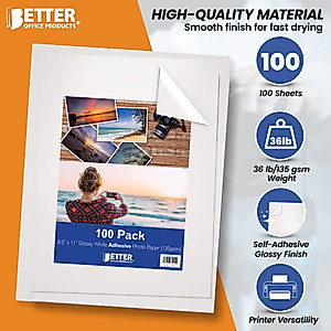 Self-Adhesive Photo Paper, Sticky Photo Paper, Glossy, 8.5 x 11 Inch, 100 Sheets, by Better Office Products, 135 gsm, Letter Size, 100 Count Pack