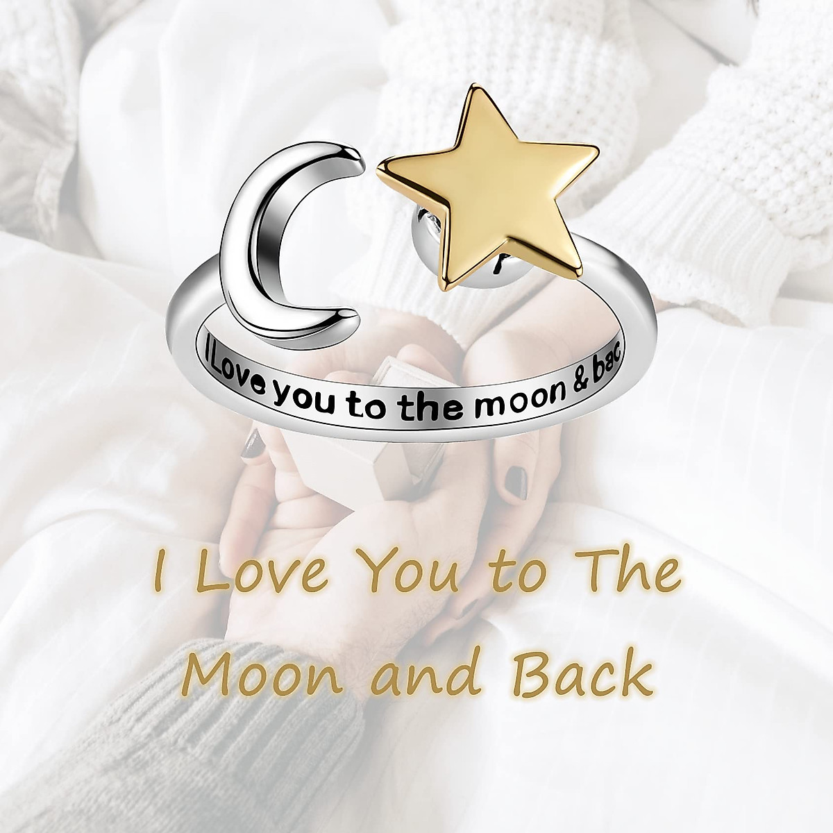 OAYAO Moon Star Anxiety Ring Spinner, 2Pcs Adjustable Moon Rings for Women Sterling Silver, Spinner Fidget Rings for Anxiety For Women