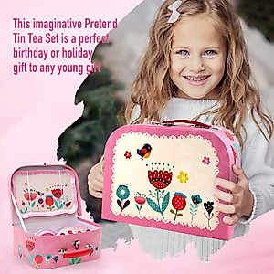 D-FantiX Kids Tea Set for Little Girls, 15Pcs Pink Tin Tea Party Set for Toddlers Afternoon Tea Time Playset with Metal Teapots Tea Cups Play Dishes Princess Toys Gifts with Carry Case