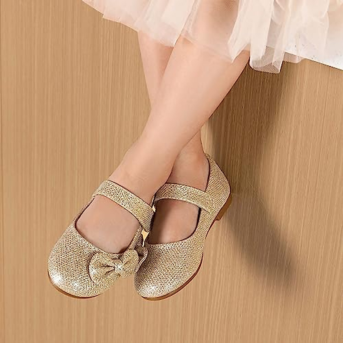 DREAM PAIRS Girls Mary Jane Side Bow Flower Girl Ballerina Flats Dress Shoes, Gold/Glitter - 8 Toddler (Angel-5)