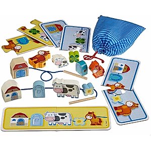 HABA On The Farm Threading Game with 10 Chunky Wooden Lacing Figures & 4 Templates (Made in Germany)