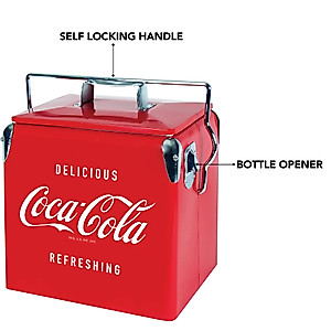 Coca-Cola Retro Ice Chest Cooler with Bottle Opener 13L (14 qt), 18 Can Capacity, Red and Silver, Vintage Style Ice Bucket for Camping, Beach, Picnic, RV, BBQs, Tailgating, Fishing