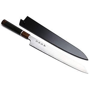 Yoshihiro TM-Hayate ZDP-189 Super High Carbon Stainless Steel Sujihiki Kiritsuke Knife Octagonal Ebony Wood Handle with Sterling Silver Ring (9.5" (240mm))
