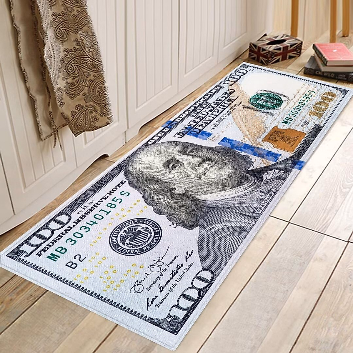 Hundred Dollar Bills Long Runner Rug for Hallway 100 Bill USA Throw Rug Money Area Rug Non-Slip Large Floor Carpet Mat for Bedroom Washable Kitchen Rugs Doormat Entrance Door Mats Living Room 2x6