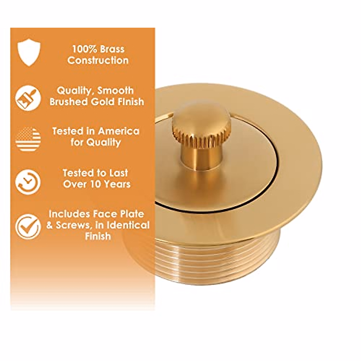 100% Brass Lift and Turn Bathtub Drain Set w/Overflow Plate - Drain Conversion Kit - Fits All Bathtub Sizes - Universal Fine/Coarse Thread - Designed & Tested in America (Brushed Gold)