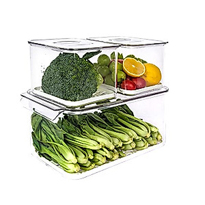 3 Pcs Fruit Fresh Keeper Vegetable Storage Containers Set Fresh Produce Saver with Lids and Vents,Stackable Salad Lettuce Keeper for Refrigerator or Easy Carry,BPA-free Stay Fresh Containers,5.7L&1.7L&1.7L