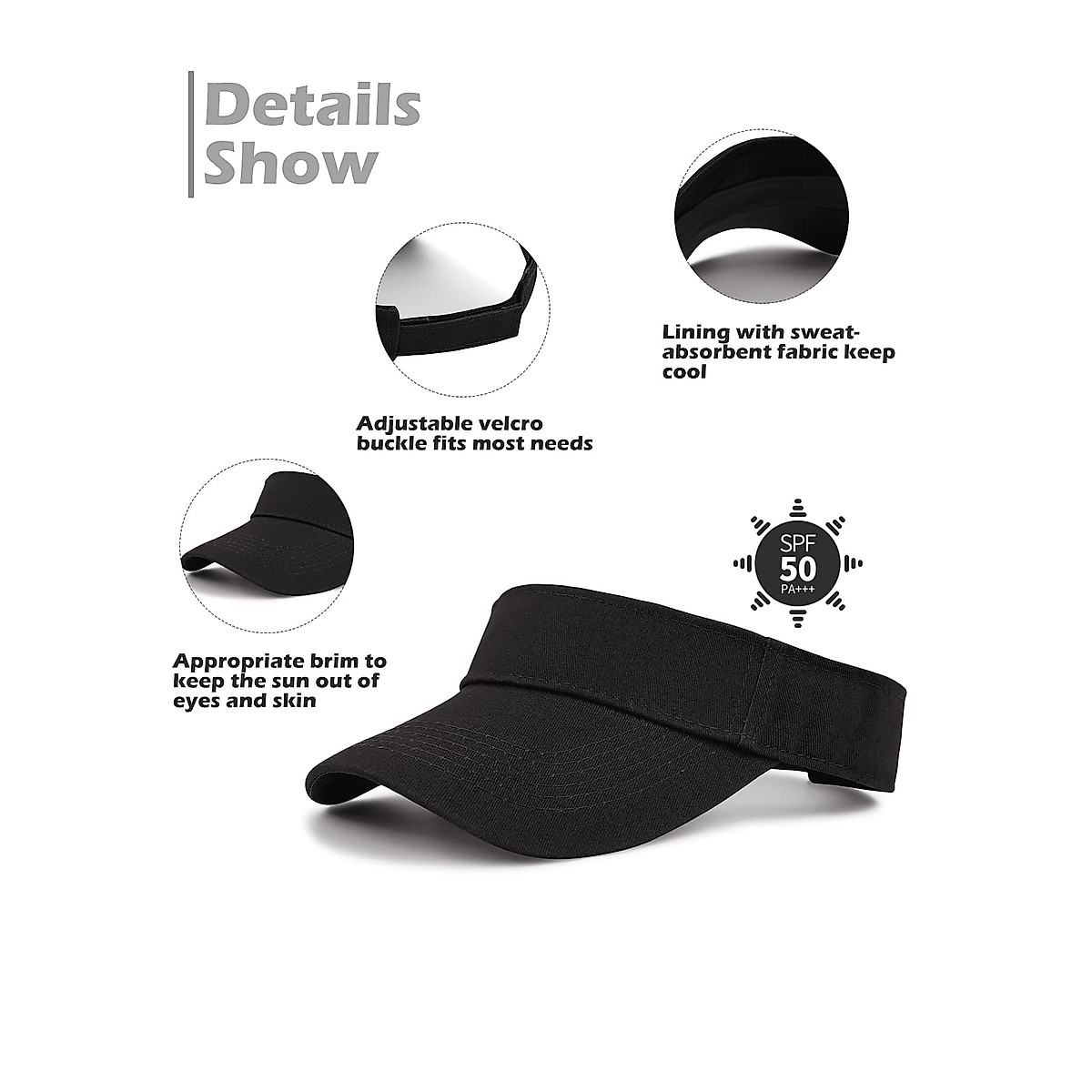 Komorebi Visors for Women Mens Sun Visors with UV Protection Sports Sun Visor Hats Tennis Golf Adjustable Sun Cap 01 Black One Size