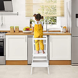 Costzon Kids Kitchen Step Stool with Safety Rail, 2 in 1 Solid Wood Montessori Learning Stool Standing Helper for Kitchen Counter, 2-Tier Seat Stool for Toddlers 18 Months-5 Years Old, White