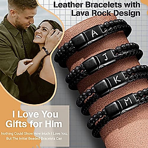 Bracelets for Men Letter C Beaded Initial Bracelet Mens Gifts for Birthday Lava Rock Cuff Bangle Leather Gifts for Him I Love You Engraved Birthday Retirement Christams Jewelry