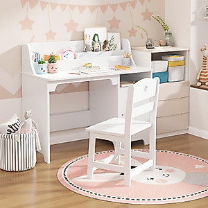 Kids Desk and Chair Set,Study Desk for Kids with Hutch, Storage Cabinet, Wooden Children Study Table, Student Writing Desk Computer Workstation for Kids Bedroom & Study Room,White