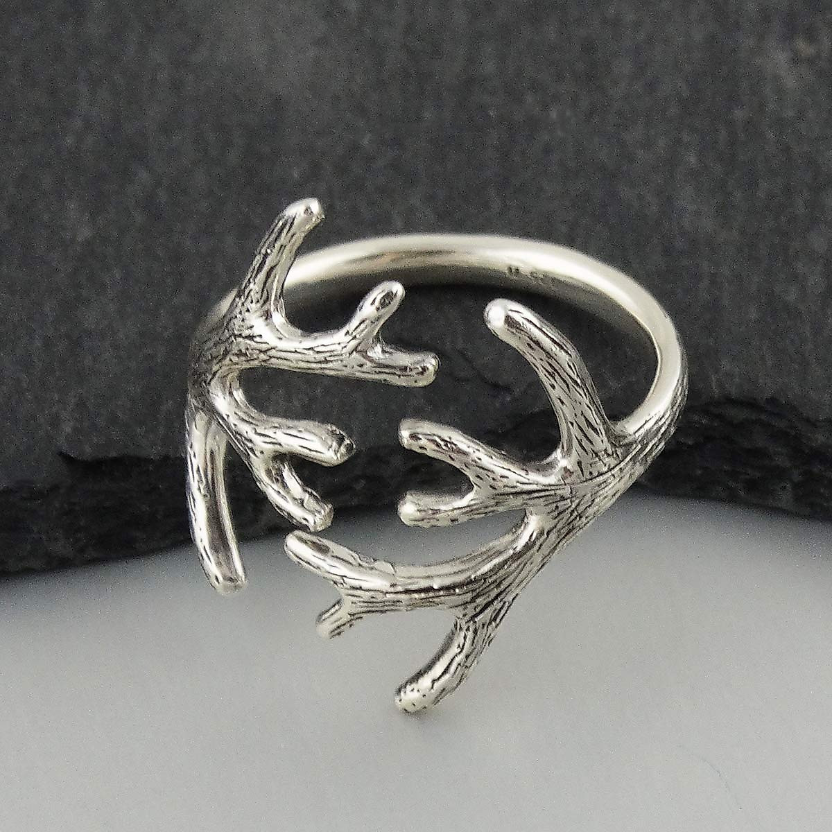 FashionJunkie4Life Sterling Silver Adjustable Textured Antler Ring, One Size, Deer Elk Moose Hunting
