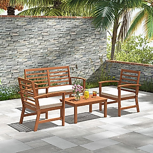 Tangkula 4 Pieces Outdoor Furniture Set, Acacia Wood Conversation Set w/Soft Seat Cushions, Stable Acacia Wood Frame, Patio Sofa & Coffee Table Set for Backyard, Porch, Poolside (White)