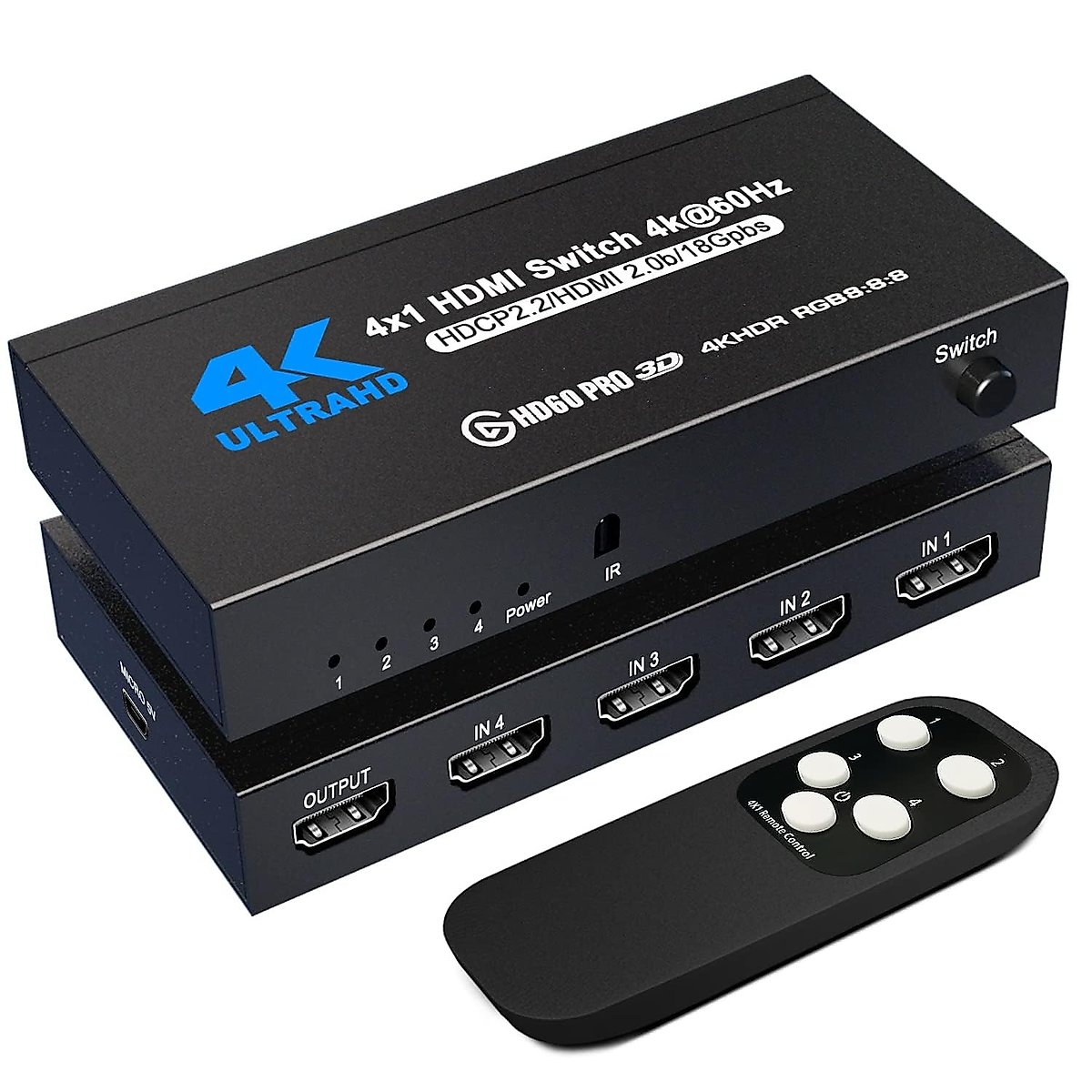 HDMI Switch 4K@60Hz, NerdEthos 4 Port HDMI 2.0 Switcher Selector 4 in 1 Out HDMI Switch Box with IR Remote Control, Supports 4K HDR10 HDCP 2.2 3D Dolby DST, for PS4 Xbox Fire Stick PC and More