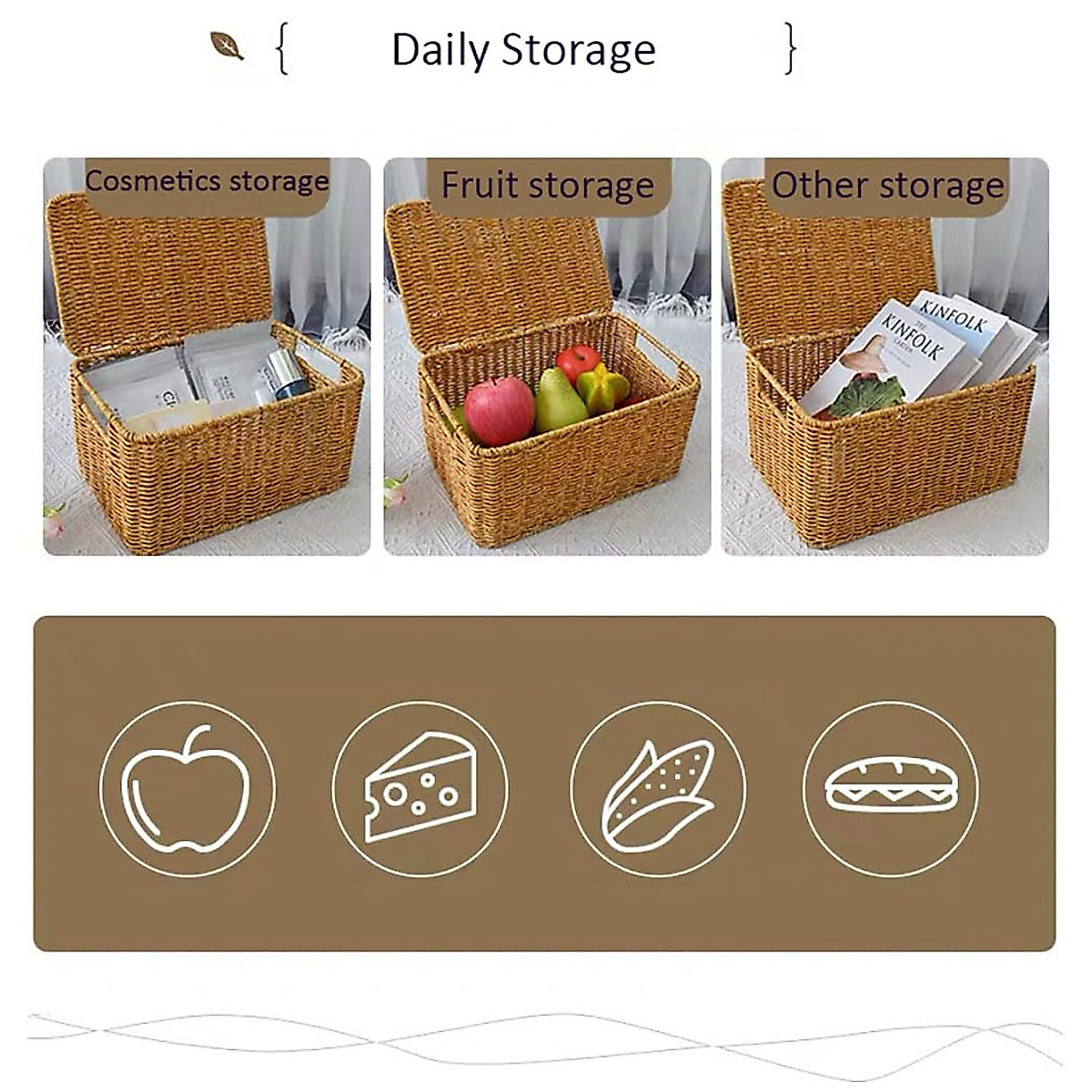 RT&BS Set of 3 Wicker Storage Basket with Lid, Handwoven Storage Basket Box - Organizer for Toys Books Fruits Stationery
