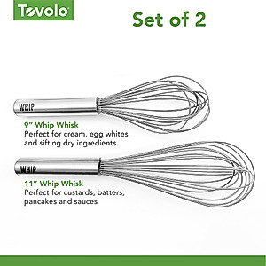 Stainless Steel Whip Whisk Set, 9" & 11" - Kitchen Balloon Whisks for Cooking, Blending, Mixing, Stirring, Whipping & Beating - Whisking Tool as Mixer, Frother & Stirrer - Dishwasher Safe - Set of 2