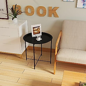 FSTAR Small Round Side End Table, Small Round Nightstand, Portable Folding Metal Accent Table Next to Couches/Sofas, or Against a Wall (Black, 1PCS)