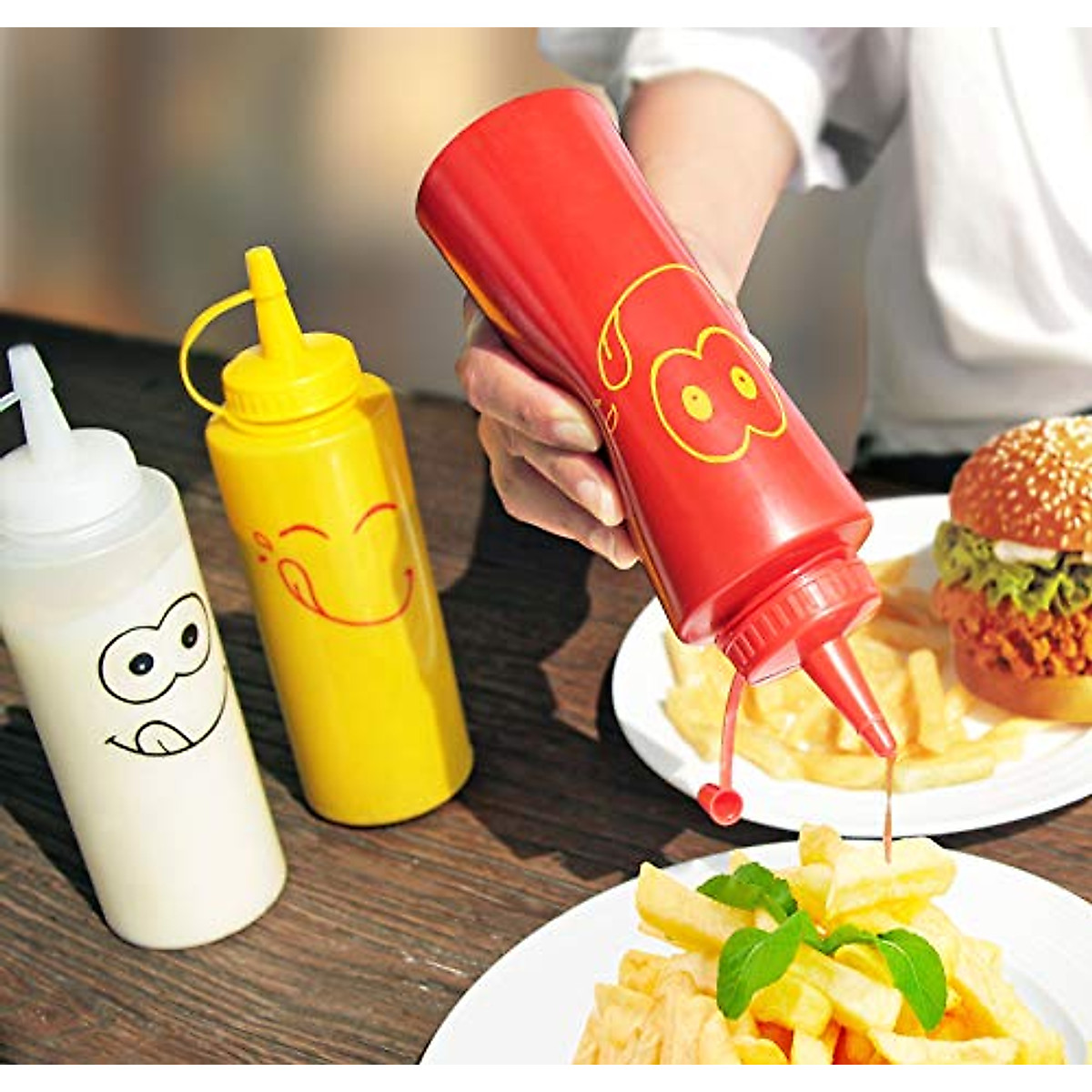 New Star Foodservice 533906 Smiley Faces Squeeze Bottle Set, Plastic, Red, Yellow, and Clear, 12 oz