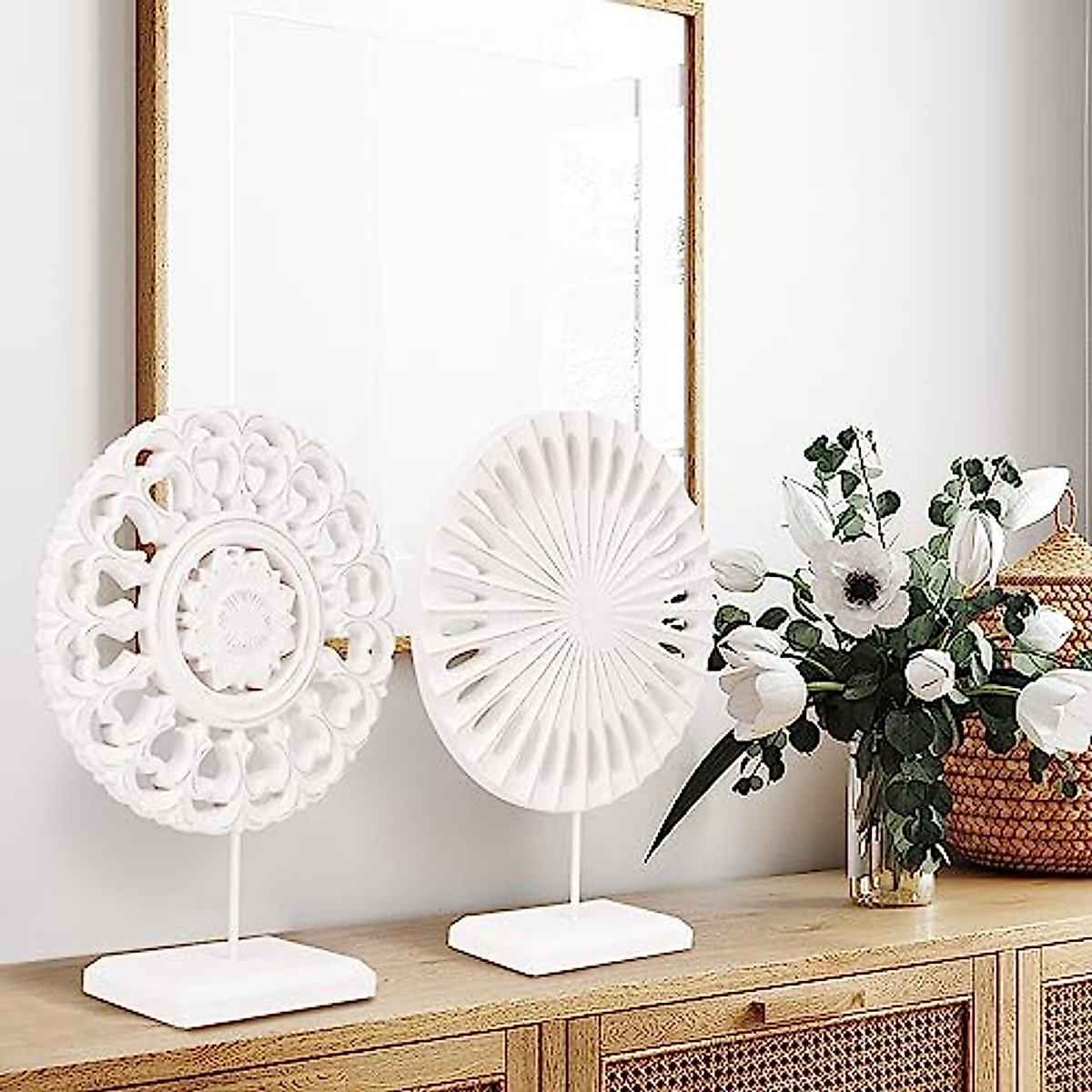 AXEARTE Wooden Carved Cutout Sector Medallion Sculpture 2 Pack, Rustic Distressed White MDF Statues Home Tabletop Decor, Decorative Ornaments for Living Room, Bedroom, Office Desktop, Cabinets