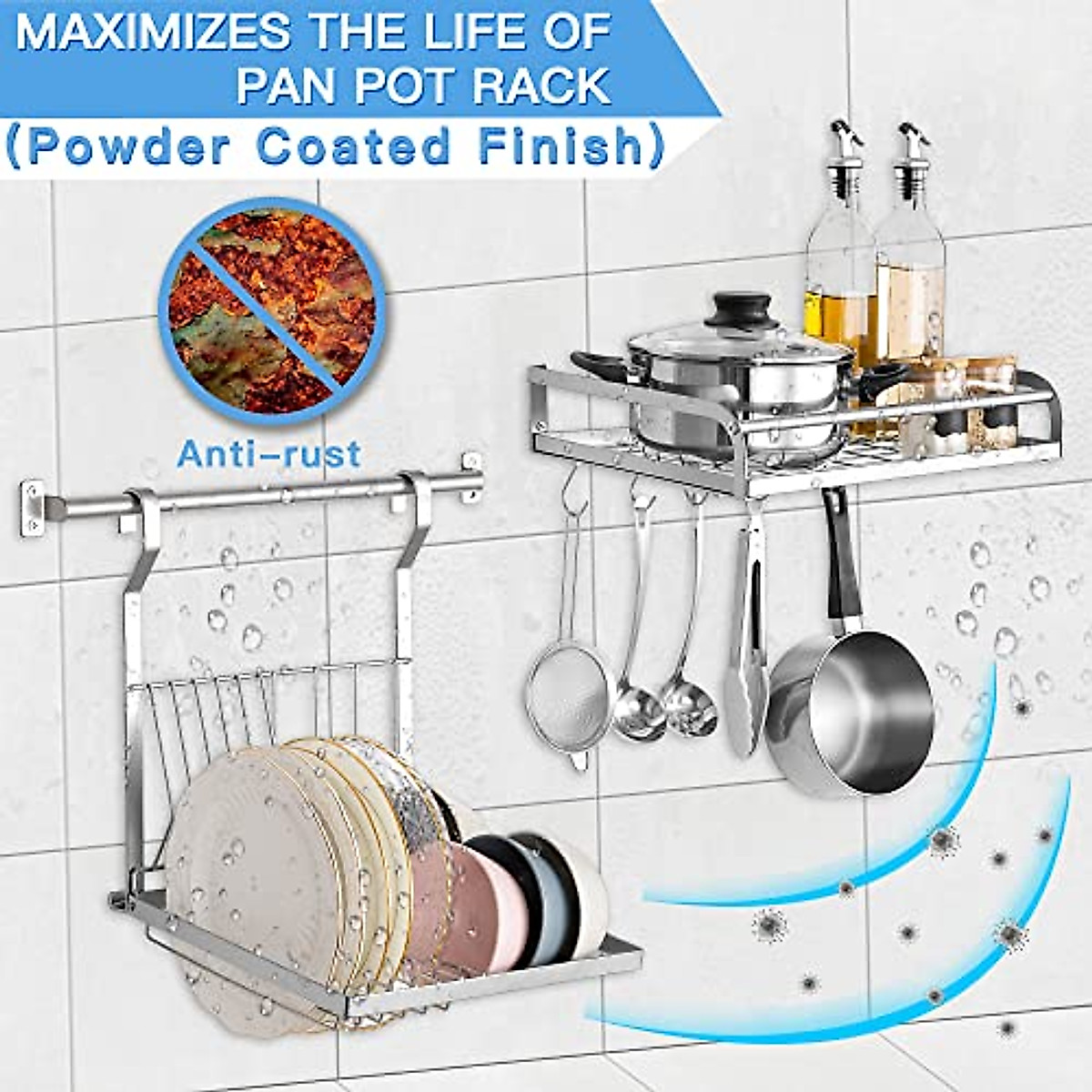 ETECHMART Hanging Pot Rack, 3 in 1 Wall Mounted Pan Holder with 10 Hooks, Heavy Duty Dish Rack Cookware Organizer, Kitchen Storage Shelf for Utensils, 2 Installation Way, Easy Assembly, Silver
