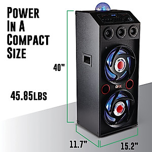 QFX SBX-412207BT TWS Bluetooth Cabinet Speaker with Dual 12" Woofers, LED Party Lights, FM Radio, USB/TF Card Ports, Aux Input, Red