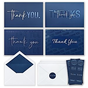 100 Thank You Cards with Envelopes and Stickers - 4 Unique Navy Blue Designs Bulk Blank Notes Luxury UV Printing for Business, Formal and All Occasions 4x6 Inch Blank Inside