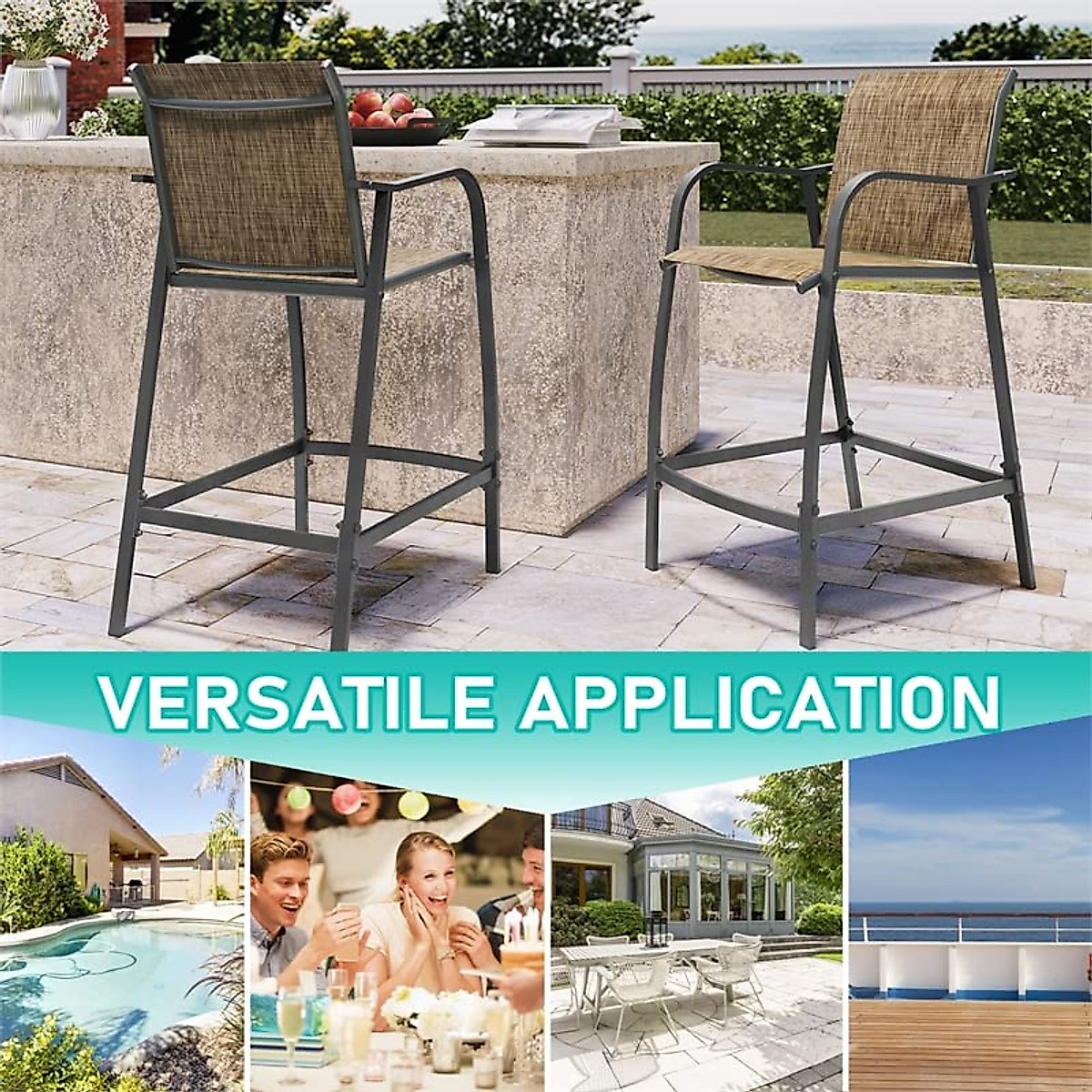 VredHom Outdoor Metal Bar Stools Patio Bar Stools Set of 2, Counter Height Chairs Steel Bar Chairs Lightweight Patio Furniture with Textilene, Armrest and Footrest,Brown