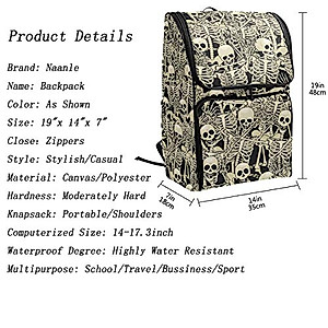 Naanle Cool Skull Skeleton Pattern Casual Daypack College Students Multipurpose Backpack Large Travel Hiking Bags Computer Bag