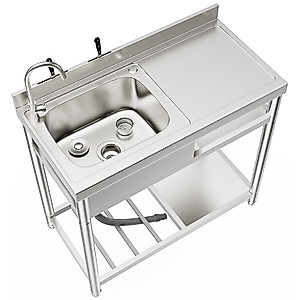 ROOMTEC 304 Stainless Steel Single Bowl Utility Sink Set, Commercial Restaurant Kitchen Sink, Outdoor Sink with Workbench & Storage Shelve with Hot and Cold Water Pipes (39 in (Left bowl))