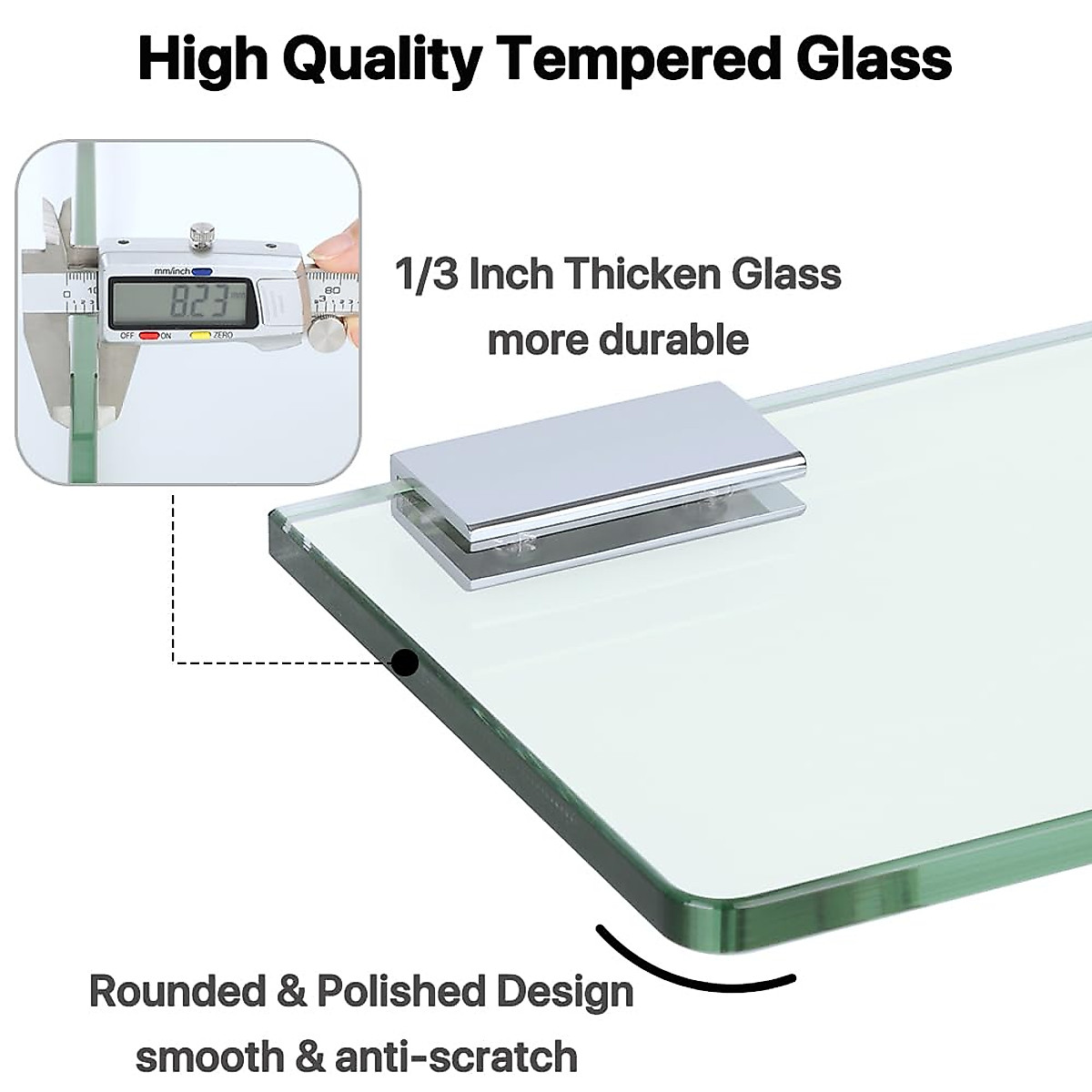SAYAYO Glass Shelf for Bathroom, 1/3 Inch Thicken Tempered Floating Glass Shelves 24 Inch with Stainless Steel Brackets, 1 Pack, Clear