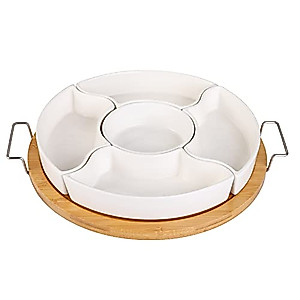 yarlung 10 Inch Ceramic Divided Serving Dishes with Bamboo Platter, Appetizer Tray 5 Removable Snacks Bowls for Candy and Nut, Chips and Dips, No Lid Included