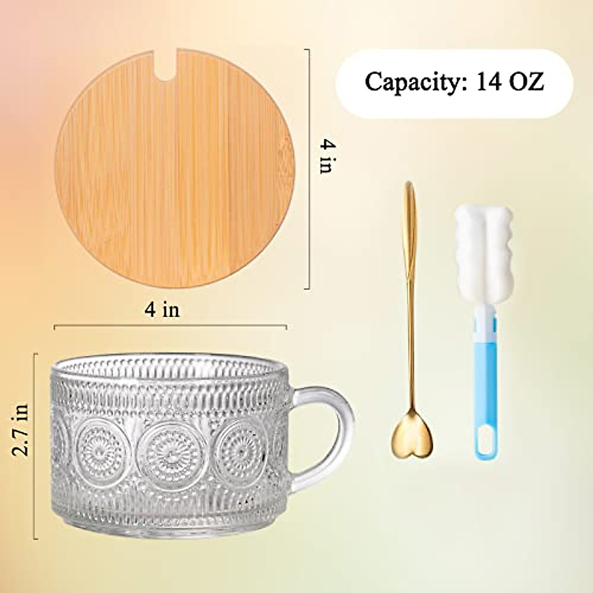 megarte Vintage Glass Coffee Mugs - 14 Oz Embossed Glass Mugs with Bamboo Lids and Golden Spoons Set Of 4 - Coffee Cups for Cappuccino, Latte, Cereal, Yogurt, Tea Christmas Thanksgiving Gifts