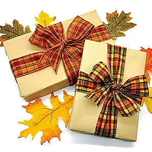 Wired Edge Autumn Buffalo Plaid Ribbon Fabric Burlap Ribbon for DIY Craft Wrapping Thanksgiving Decoration 6.56 Yard (Golden Edge Green Orange Yellow Plaid 5 cm)