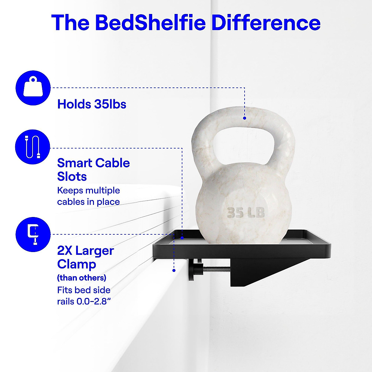 BedShelfie Bedside Shelf, Bunk Bed & Top Bunk, College Dorm Room Essentials, Clip On Nightstand, Bed Side Table Tray Organizer, Dorm Room Decor, College Dorm Essentials - Cable Catch, Black