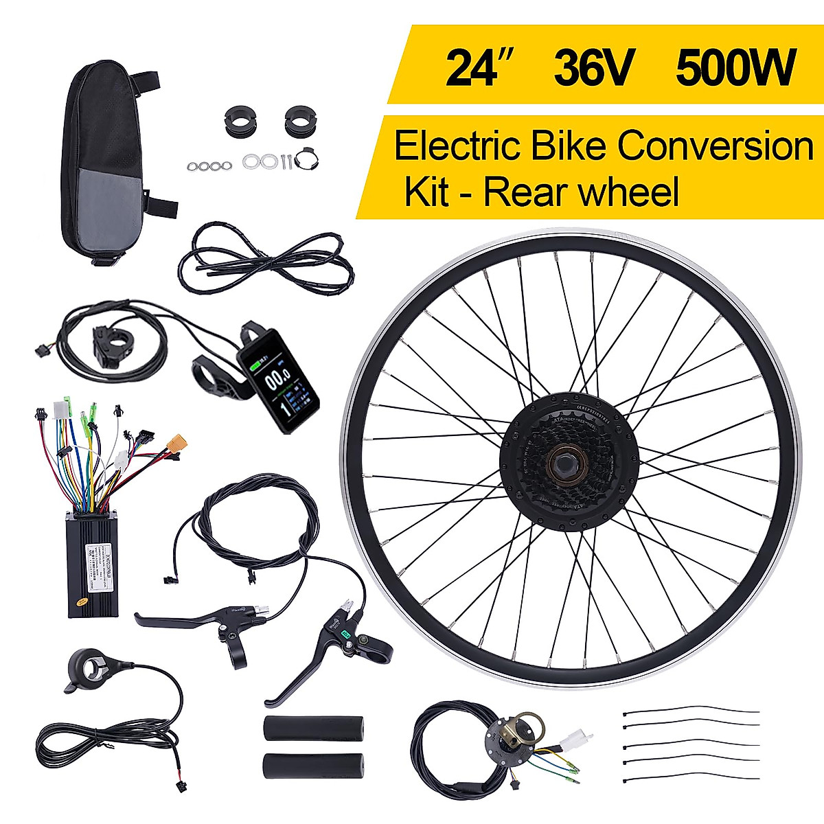 Electric Bicycle Motor Kit 36V 500W 24" Rear Wheel Bike Powerful E-Bike Replacement Set Conversion Kit E-Bike Cycling Hub Conversion Dual Controller with Throttles,5 Gears Adjustable