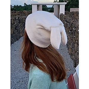 3D Rabbit Ears Beanie Hats Bunny Crochet Cap Cute Plush Winter Hat for Women Girls (White)
