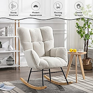KINFFICT Teddy Velvet Rocking Accent Chair, Uplostered Glider Rocker Armchair for Nursery, Comfy Side Chair for Living Room, Bedroom (Ivory+Teddy Fabric)