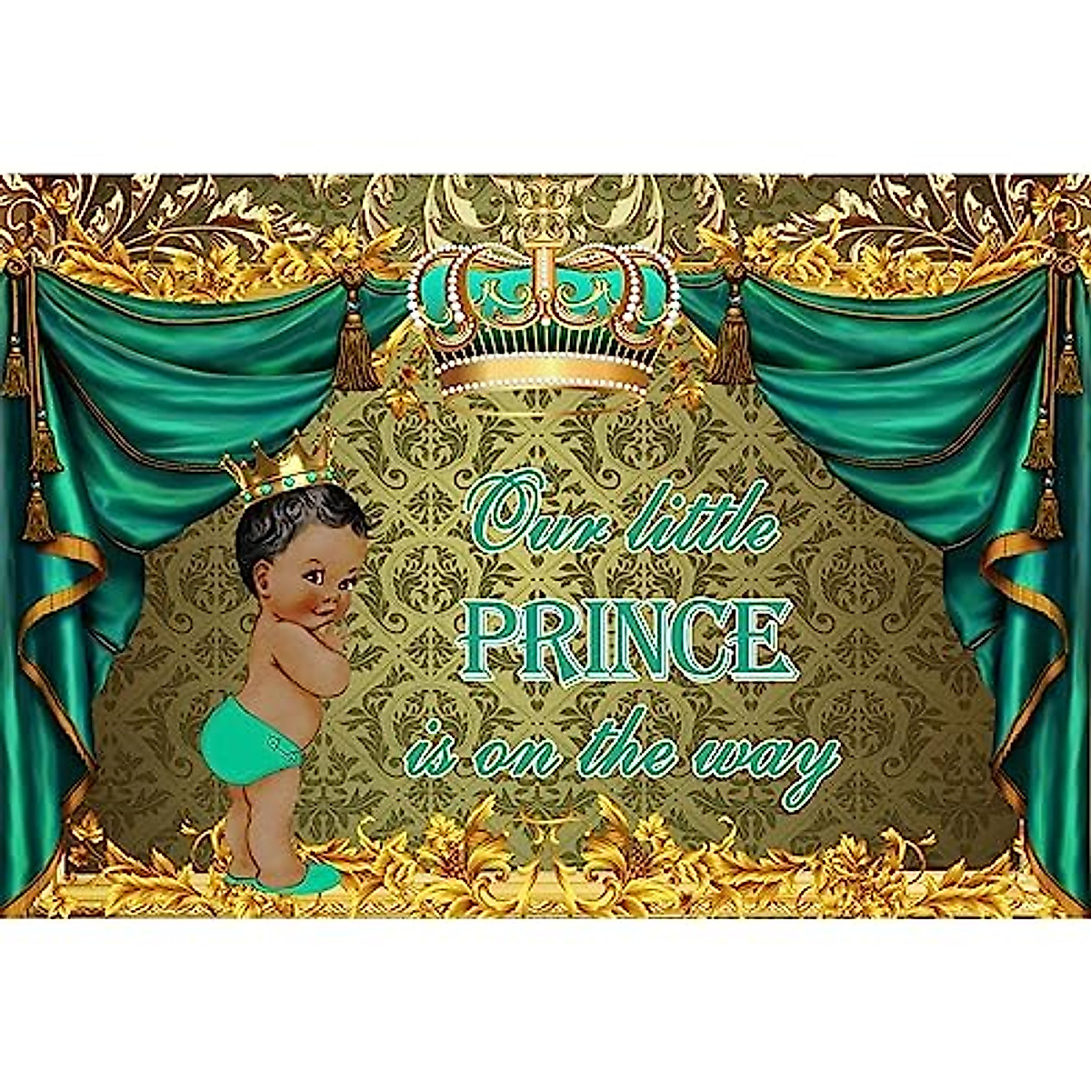 Renaiss 5x3ft Prince Baby Shower Backdrop Royal Green Curtain Gold Crown Photography Background Our Litlle Prince is on The Way Banner Newborn Boy Gender Reveal Party Decor Photo Studio Booth Props