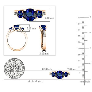Dazzlingrock Collection 7 MM Centre & 4 MM Side Round Lab Created Blue Sapphire with Natural White Diamond Women Three Stone Engagement Ring | 14K Rose Gold, Size 7