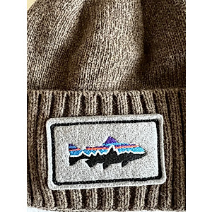 Patagonia Unisex Brodeo Beanie Hat One Size Recycled Wool Blend Skull (Heather Brown - Felt Fish Patch)
