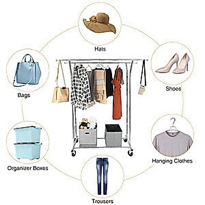 ALUPOM Extendable Double Rod Clothing Rack on Wheels, Heavy Duty Rolling Commercial Garment Rack, Chrome Clothes Rack for Hanging Clothes