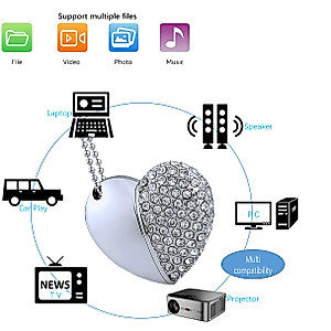 EcooDisk 128GB USB 3.0 Flash Drive Diamond Heart with Necklace Memory Stick High Speed Thumb Drive Jump Drive Data Storage Silver