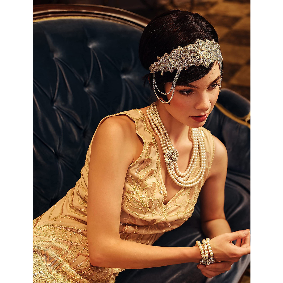 BABEYOND 1920s Flapper Headpiece Roaring 20s Headband Great Gatsby Headband Chain for Women Vintage Hair Accessory (A-Silver)