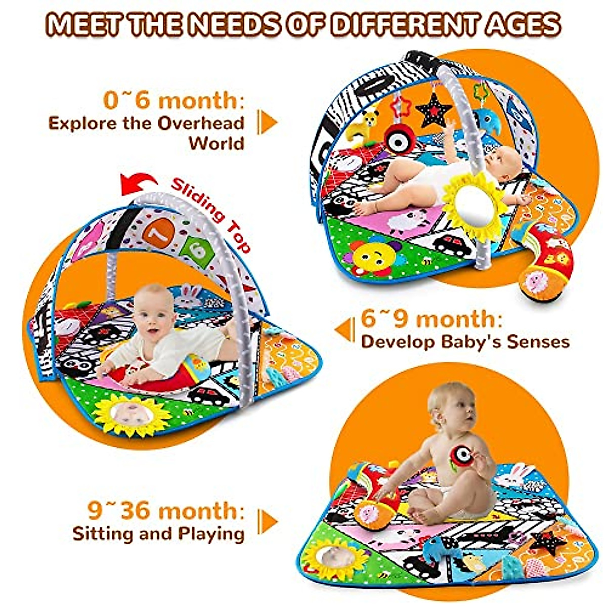 beetoy Baby Play Mat Activity Gym for Floor, Thick Baby Play Gym Activity Center with Baby Mirror, Stuffed Plush Toys, Soft Tummy Time Pillow for Babies Toddlers Infant Sensory Fine Motor Development